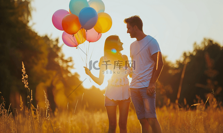 情人节情侣手拿气球浪漫高清摄影大图-千库网