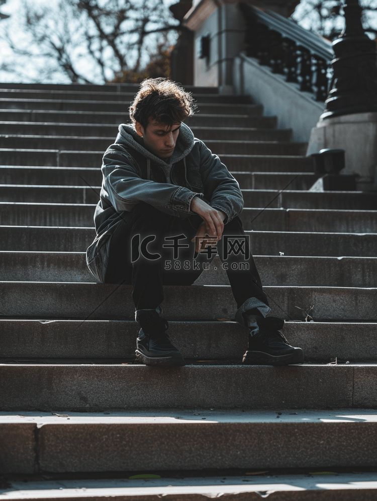 年轻人沮丧街头的水泥楼梯上高清摄影大图-千库网