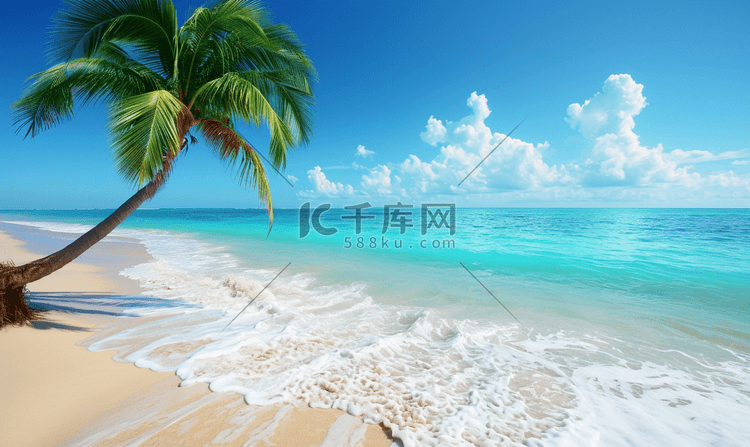夏天沙滩与棕榈树蔚蓝海洋风景高清摄影大图-千库网