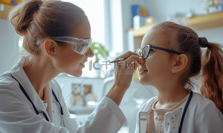 女医生给小女孩检查视力问题高清摄影大图-千库网