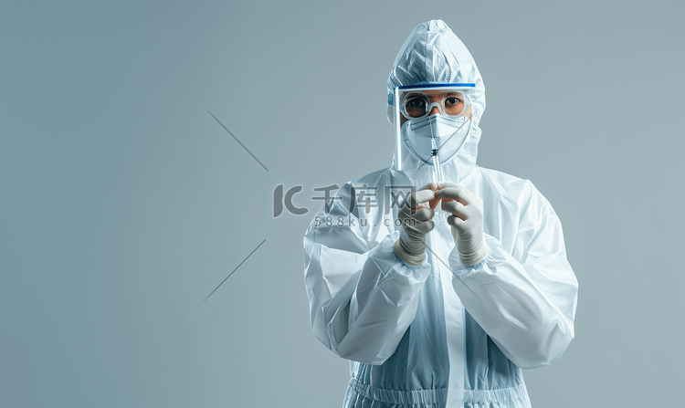 穿防护服的医生拿着注射器高清摄影大图-千库网