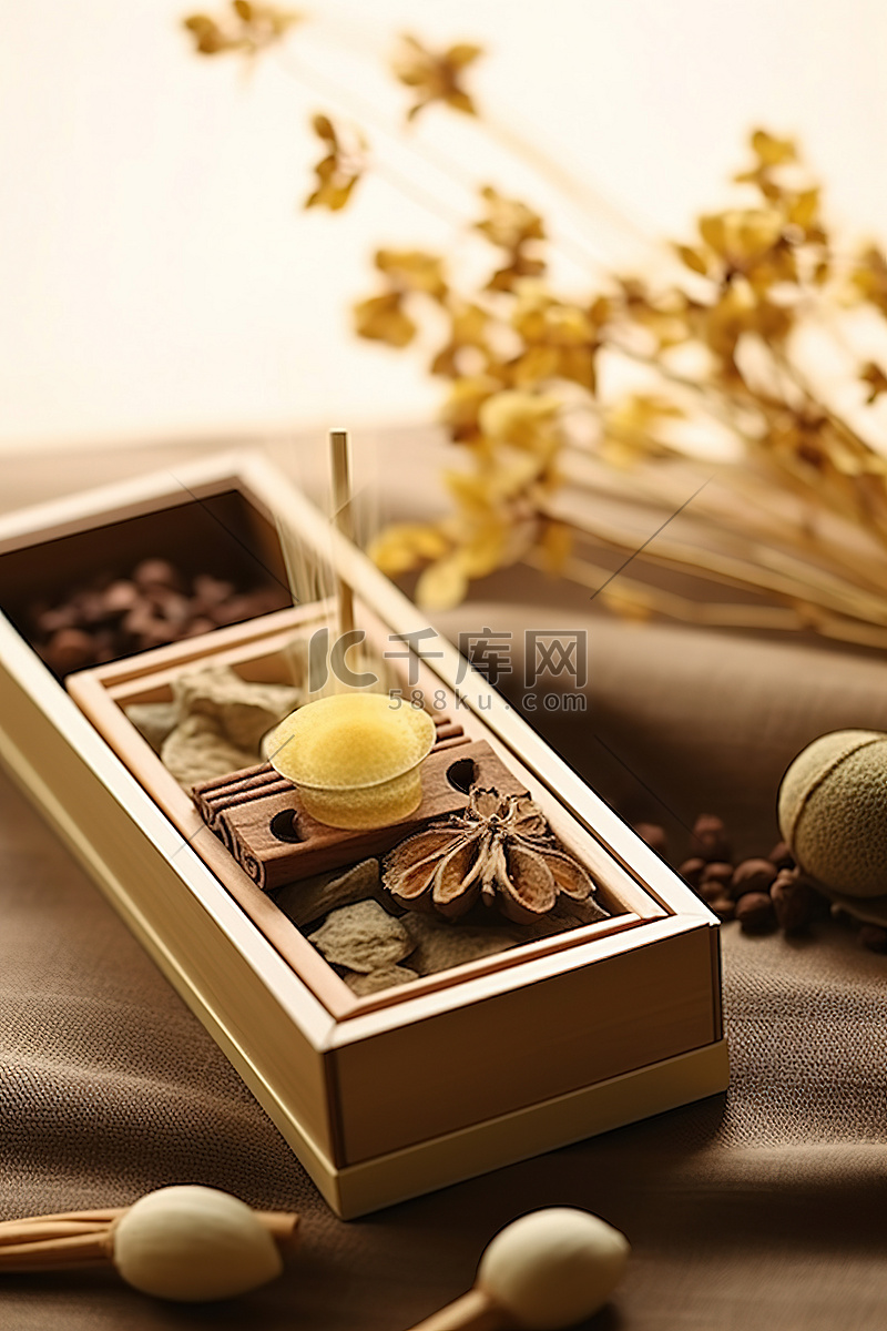 一个木盒，里面有一根黄色的香和一盒干果背景图片免费下载_海报banner/高清大图_千库网(图片编号7142000)