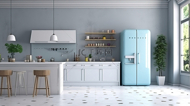 黑色粉笔墙蓝色冰箱经典白色厨房内部 3d 渲染背景图片免费下载_海报banner/高清大图_千库网(图片编号6774565)