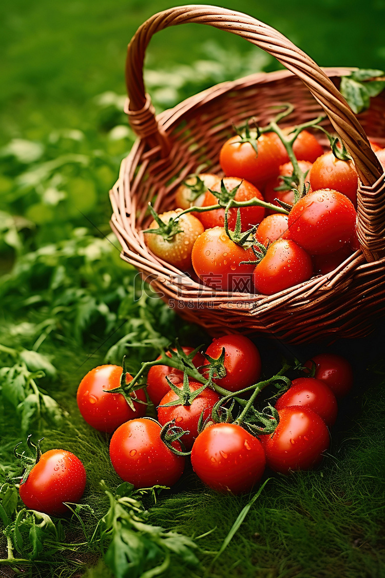 绿草上篮子里的西红柿背景图片免费下载_海报banner/高清大图_千库网(图片编号7019167)