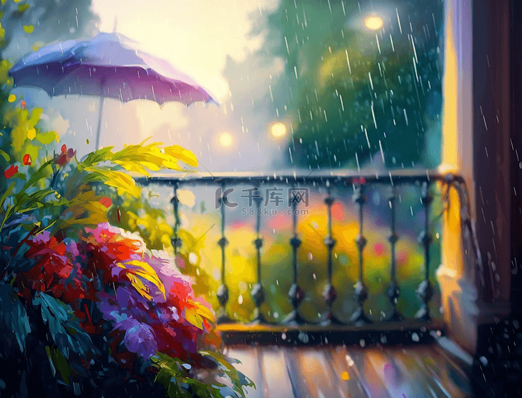 鲜花绿色植物伞雨中美丽的阳台花园背景图片免费下载_海报banner/高清大图_千库网(图片编号6635941)