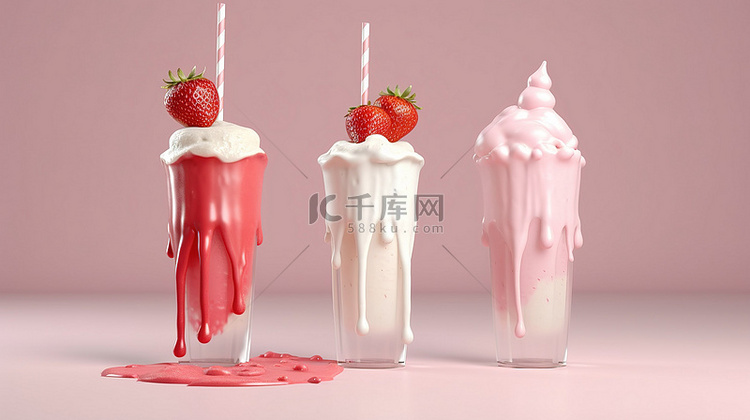 以乳白色和草莓奶昔滴为特色的独立 3D 插图集合背景图片免费下载_海报banner/高清大图_千库网(图片编号6817516)