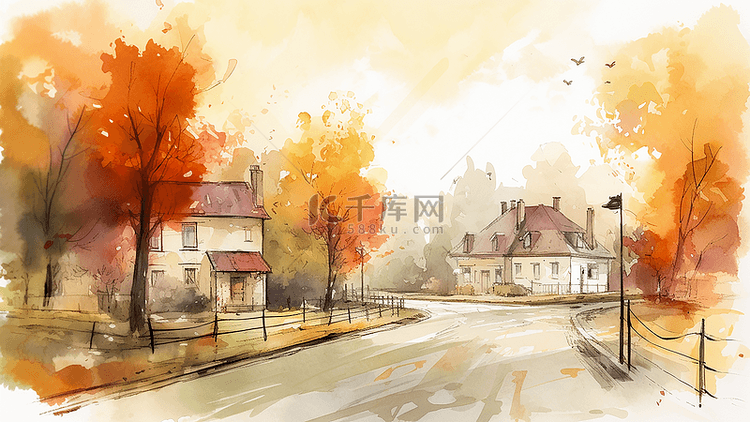 秋天水彩风景插画背景图片免费下载_海报banner/高清大图_千库网(图片编号6654681)