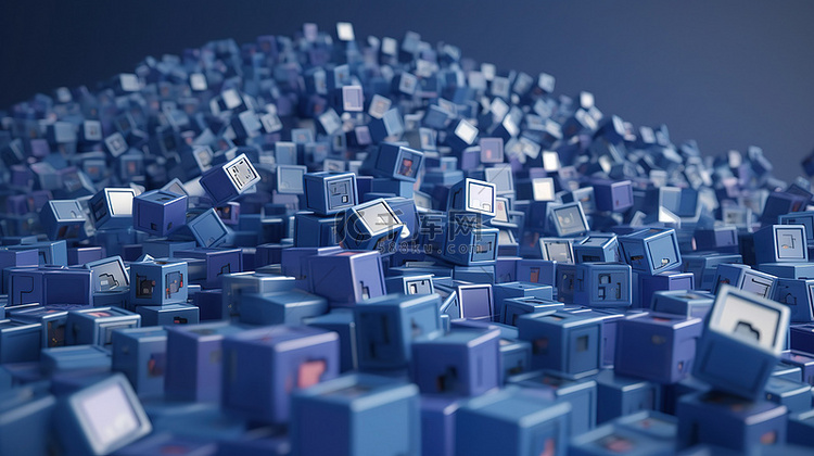 蓝色垂直背景，带有大量 facebook 方形徽章和 3D 渲染中的图标背景图片免费下载_海报banner/高清大图_千库网(图片编号6712312)
