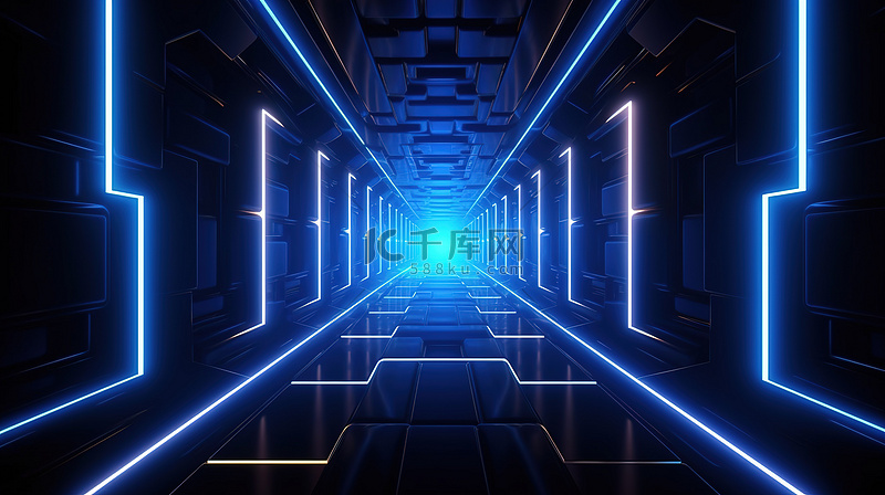 3D 插图中抽象几何背景上发光蓝色霓虹灯的动态隧道背景图片免费下载_海报banner/高清大图_千库网(图片编号6821151)