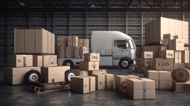 繁忙仓库的 3D 渲染，配有卡车叉车包裹和工人背景图片免费下载_海报banner/高清大图_千库网(图片编号6730120)