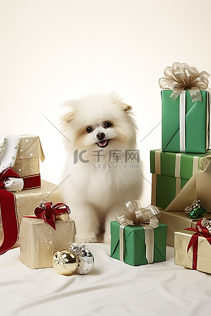 一只小狗站在礼物和标志前背景图片免费下载_海报banner/高清大图_千库网(图片编号7009384)