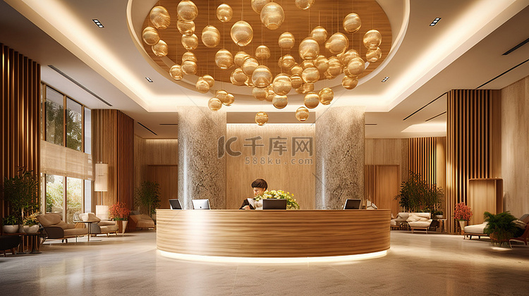 现代酒店接待处配有优雅的木制柜台和 3D 渲染的宏伟镀金吊灯背景图片免费下载_海报banner/高清大图_千库网(图片编号6913270)