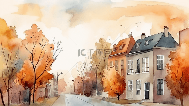 秋天水彩风景插画背景图片免费下载_海报banner/高清大图_千库网(图片编号6654560)