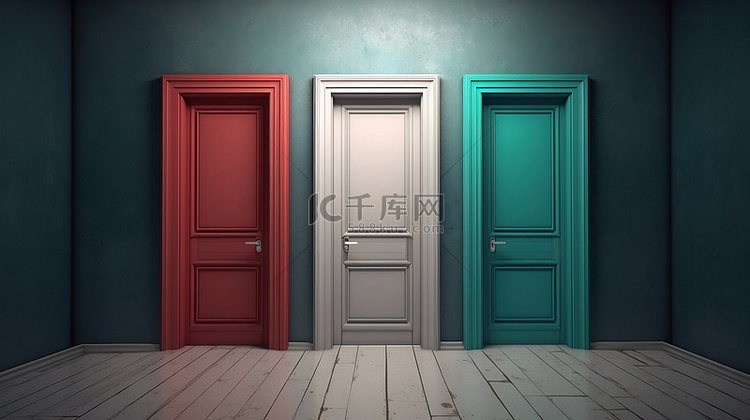 三位一体的彩色门在 3d 渲染场景中象征着选择和运气背景图片免费下载_海报banner/高清大图_千库网(图片编号6669631)