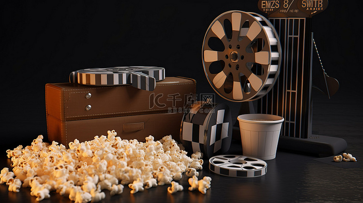 电影摄影象征拍板电影卷轴和爆米花的 3D 渲染背景图片免费下载_海报banner/高清大图_千库网(图片编号6718752)