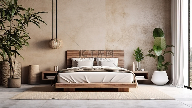 现代热带风格卧室内部的 3D 渲染与模型家具装饰背景图片免费下载_海报banner/高清大图_千库网(图片编号6920110)