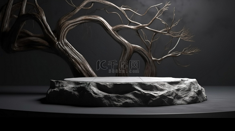 石头和树枝讲台上的产品展示 3d 渲染背景图片免费下载_海报banner/高清大图_千库网(图片编号6685469)