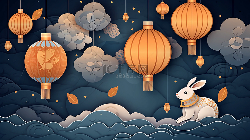 中秋节蓝色波涛兔子美丽灯笼背景图片免费下载_海报banner/高清大图_千库网(图片编号6661243)