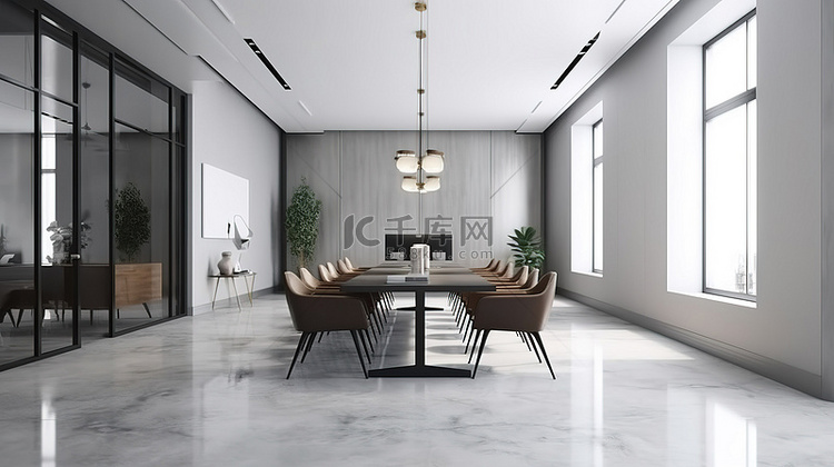会议室以 3D 形式可视化，配备高端办公家具洁白的墙壁和光滑的混凝土地板背景图片免费下载_海报banner/高清大图_千库网(图片编号6693239)