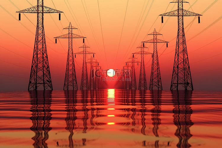 电塔和水域上的日落背景图片免费下载_海报banner/高清大图_千库网(图片编号6992337)