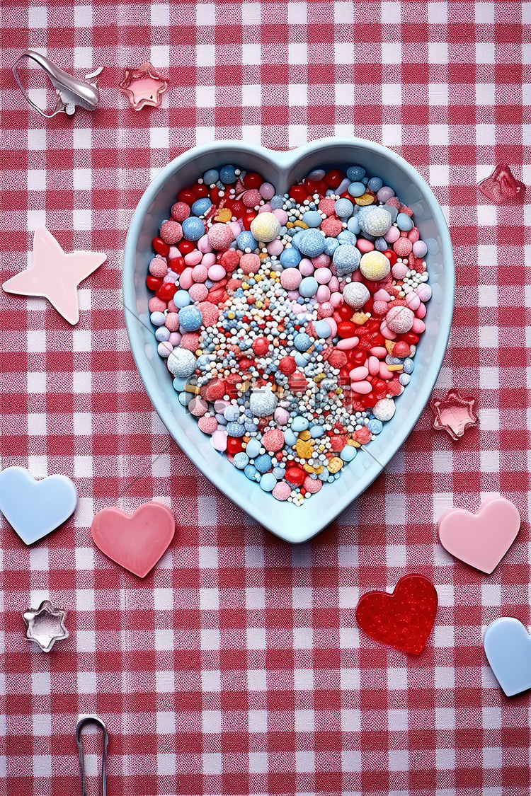 一个银碗，里面有心形饼干切刀和糖粉背景图片免费下载_海报banner/高清大图_千库网(图片编号7021287)