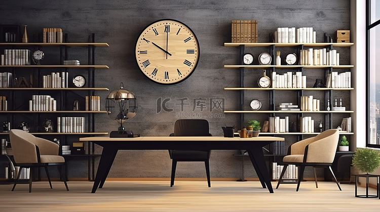 现代办公室设计 3D 渲染的办公桌和书架在光滑的地板背景下背景图片免费下载_海报banner/高清大图_千库网(图片编号6775671)