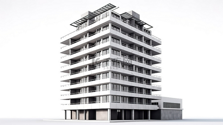 在白色背景下隔离的 3d 渲染中的当代多层住宅建筑背景图片免费下载_海报banner/高清大图_千库网(图片编号6676244)