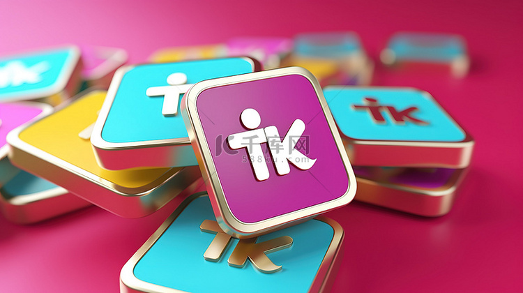 带有 tik tok 徽标的充满活力的背景，以 3d 形式装饰着一系列方形徽章背景图片免费下载_海报banner/高清大图_千库网(图片编号 ...