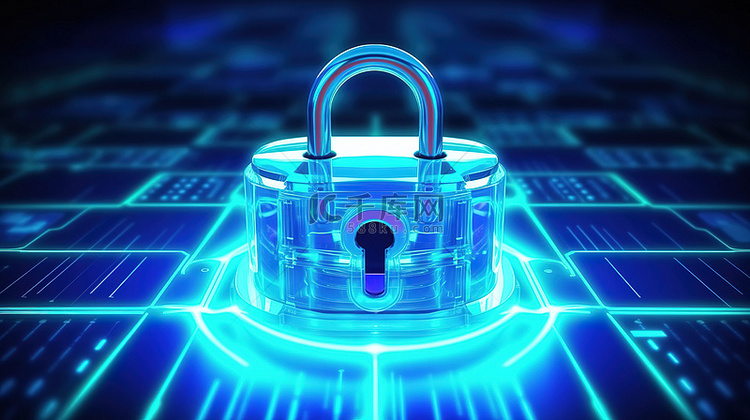 蓝色背景上的抽象数据安全图像全息锁代表互联网安全的 3D 渲染背景图片免费下载_海报banner/高清大图_千库网(图片编号6803952)