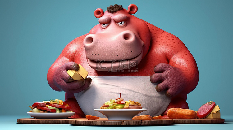 有趣的 3D 河马角色抓着一块新鲜的牛肉背景图片免费下载_海报banner/高清大图_千库网(图片编号6802945)