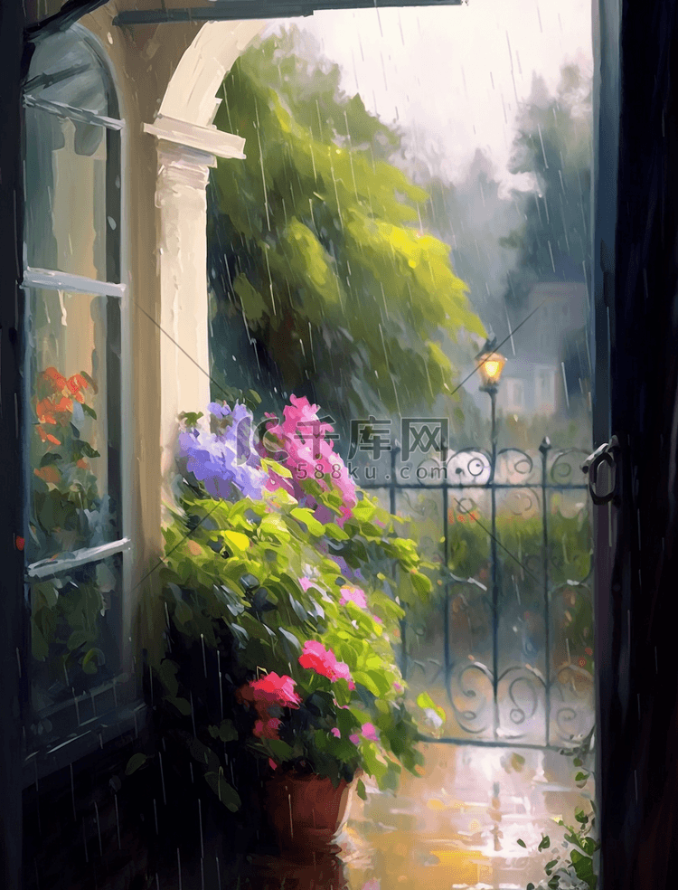 绿色植物鲜花雨中的阳台花园背景图片免费下载_海报banner/高清大图_千库网(图片编号6634760)