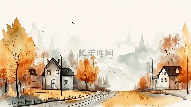 秋天水彩房屋背景图片免费下载_海报banner/高清大图_千库网(图片编号6654636)