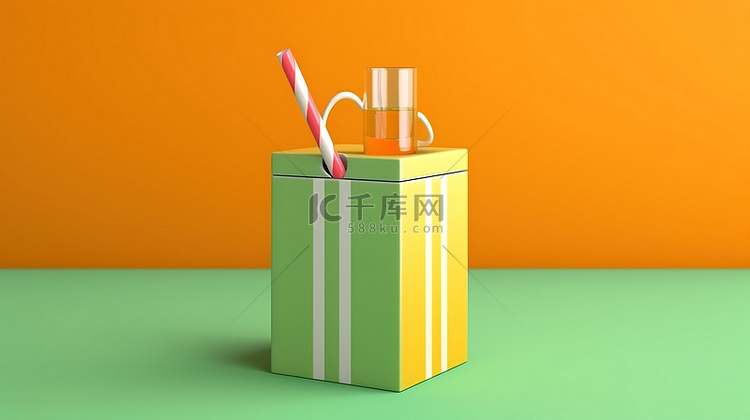 充满活力的饮料盒，带吸管和绿色背景 3D 渲染上的可定制设计空间背景图片免费下载_海报banner/高清大图_千库网(图片编号6770164)