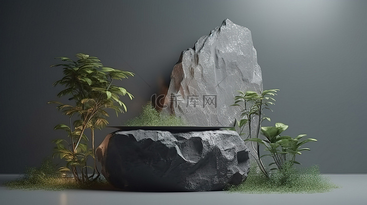 植物装饰的岩石讲台通过 3D 渲染栩栩如生背景图片免费下载_海报banner/高清大图_千库网(图片编号6676243)