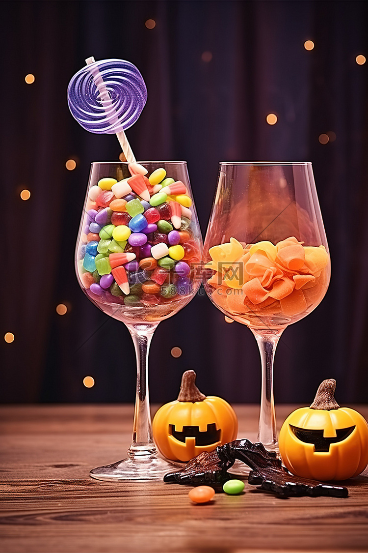 两个玻璃杯，展示了两个装有糖果的玻璃杯一个女巫和一个南瓜灯背景图片免费下载_海报banner/高清大图_千库网(图片编号6971290)