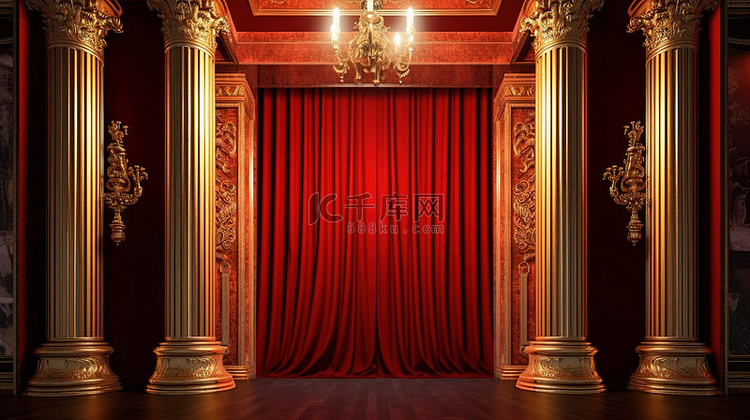 具有标志性红色柱子和豪华金色窗帘的 Radiance 3d 渲染门口背景图片免费下载_海报banner/高清大图_千库网(图片编号6666777)
