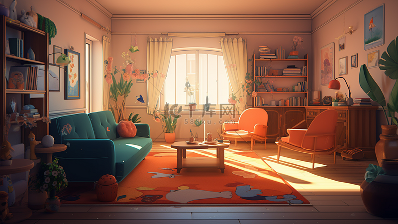 客厅沙发家具暖色系卡通背景图片免费下载_海报banner/高清大图_千库网(图片编号6650636)