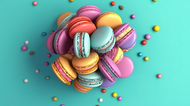 从上面绿松石背景上马卡龙和蛋糕的彩色 3D 渲染背景图片免费下载_海报banner/高清大图_千库网(图片编号6763769)