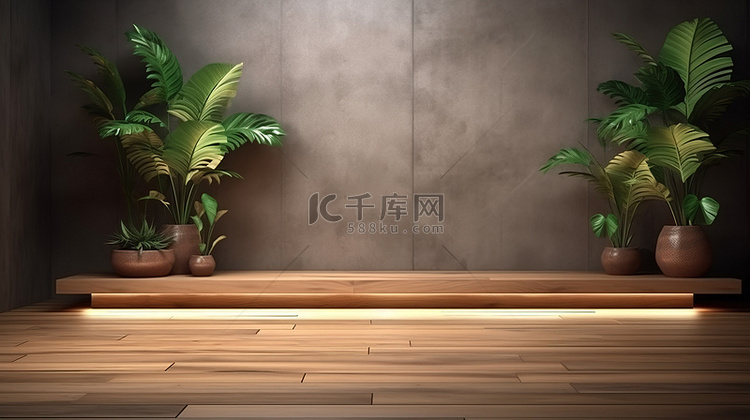 带 3D 渲染和茂密热带植物的木制房间的产品展示台背景图片免费下载_海报banner/高清大图_千库网(图片编号6675777)