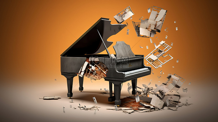 破碎的钢琴 3D 插图，显示损坏的乐器，碎片飞扬背景图片免费下载_海报banner/高清大图_千库网(图片编号6742493)