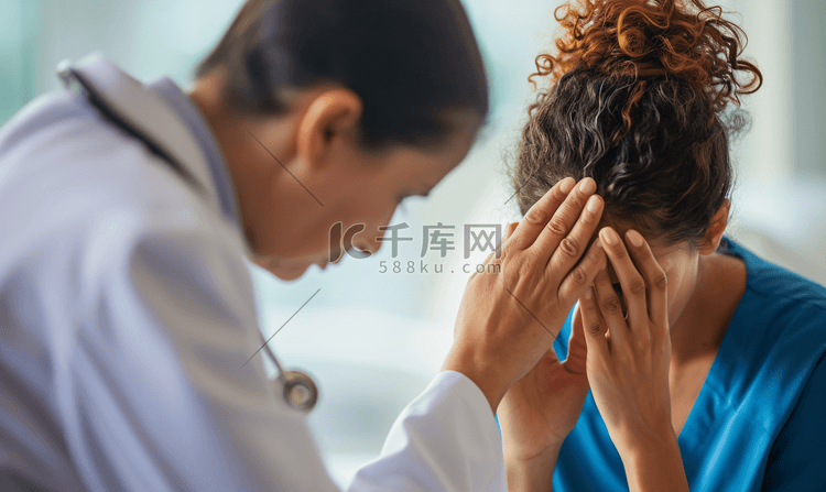 心理疾病患者摸额头向医生倾诉高清摄影大图-千库网