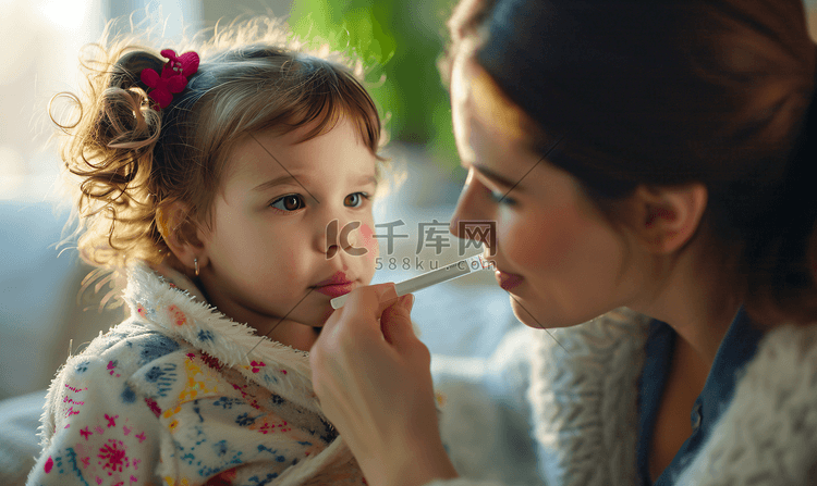 妈妈为生病的女儿量体温特写高清摄影大图-千库网