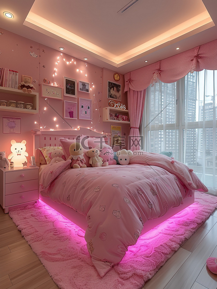 粉红色的女孩房间装饰照片高清摄影大图-千库网