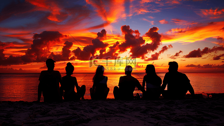 海边看日落的青年们4高清摄影大图-千库网