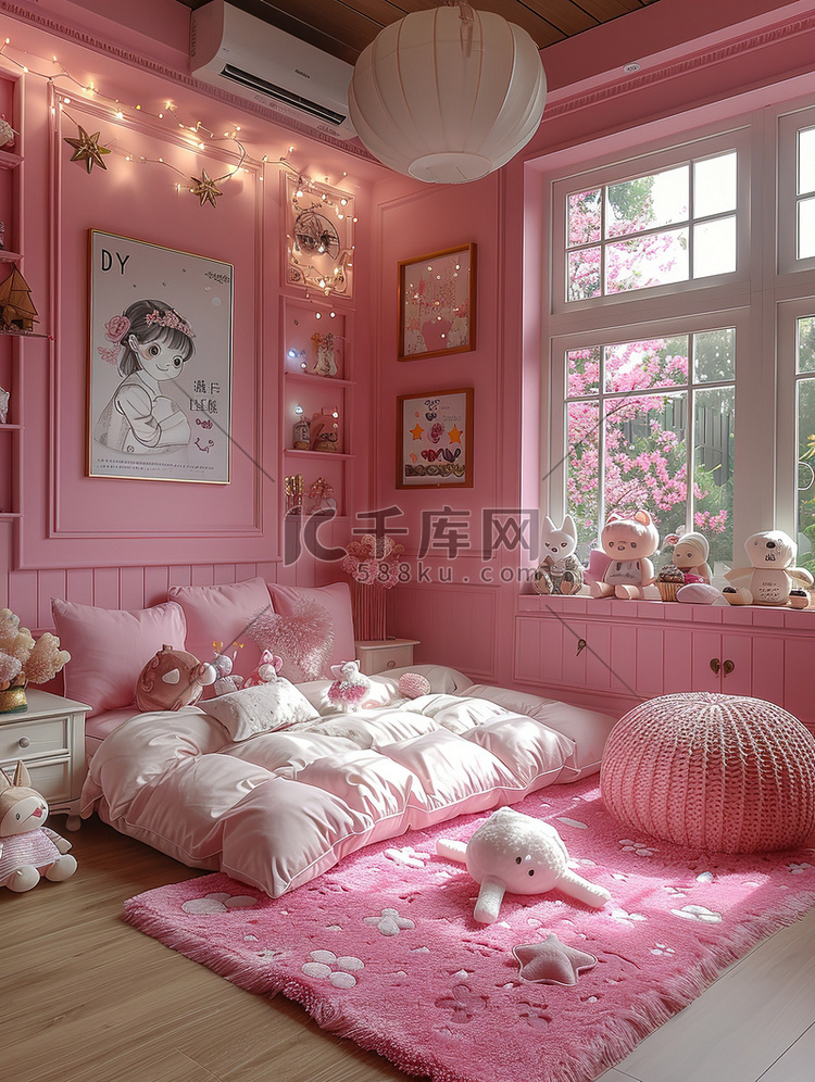 粉红色的女孩房间装饰摄影照片高清摄影大图-千库网