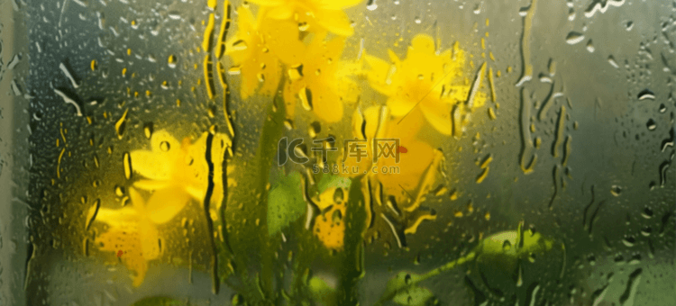 春天雨天玻璃窗里的一束黄色的水仙花背景图片免费下载-千库网