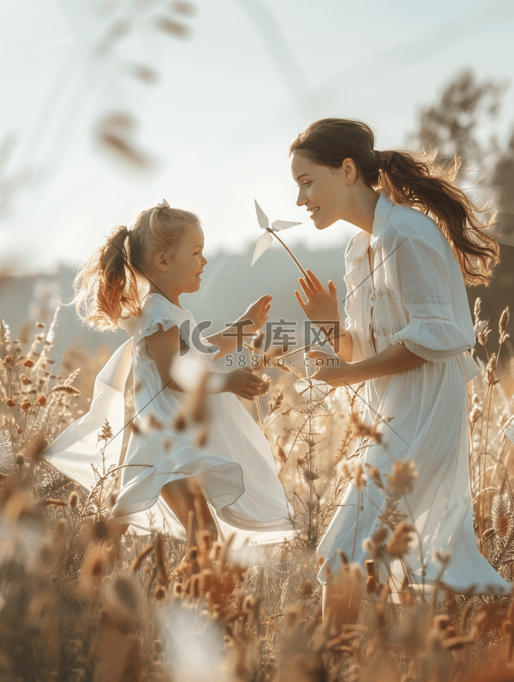 可爱母女玩风车高清摄影大图-千库网
