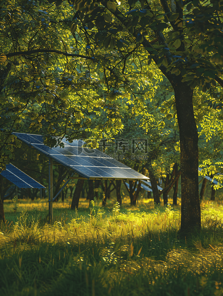 树荫下的太阳能电池板高清摄影大图-千库网