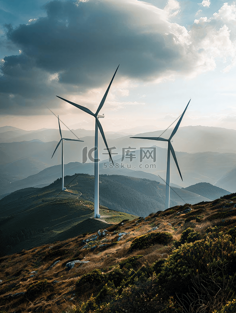 山脉上的风车风力发电高清摄影大图-千库网
