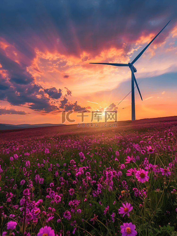 夕阳下在花田里的风力发电机高清摄影大图-千库网